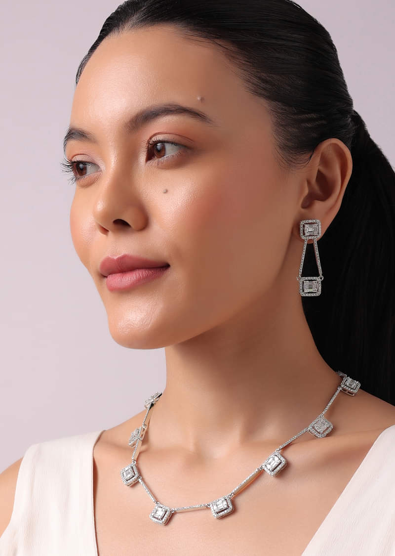 Buy 92.5 Sterling Silver Necklace Set With Cubic Stones In A Geometric Design KALKI Fashion Global