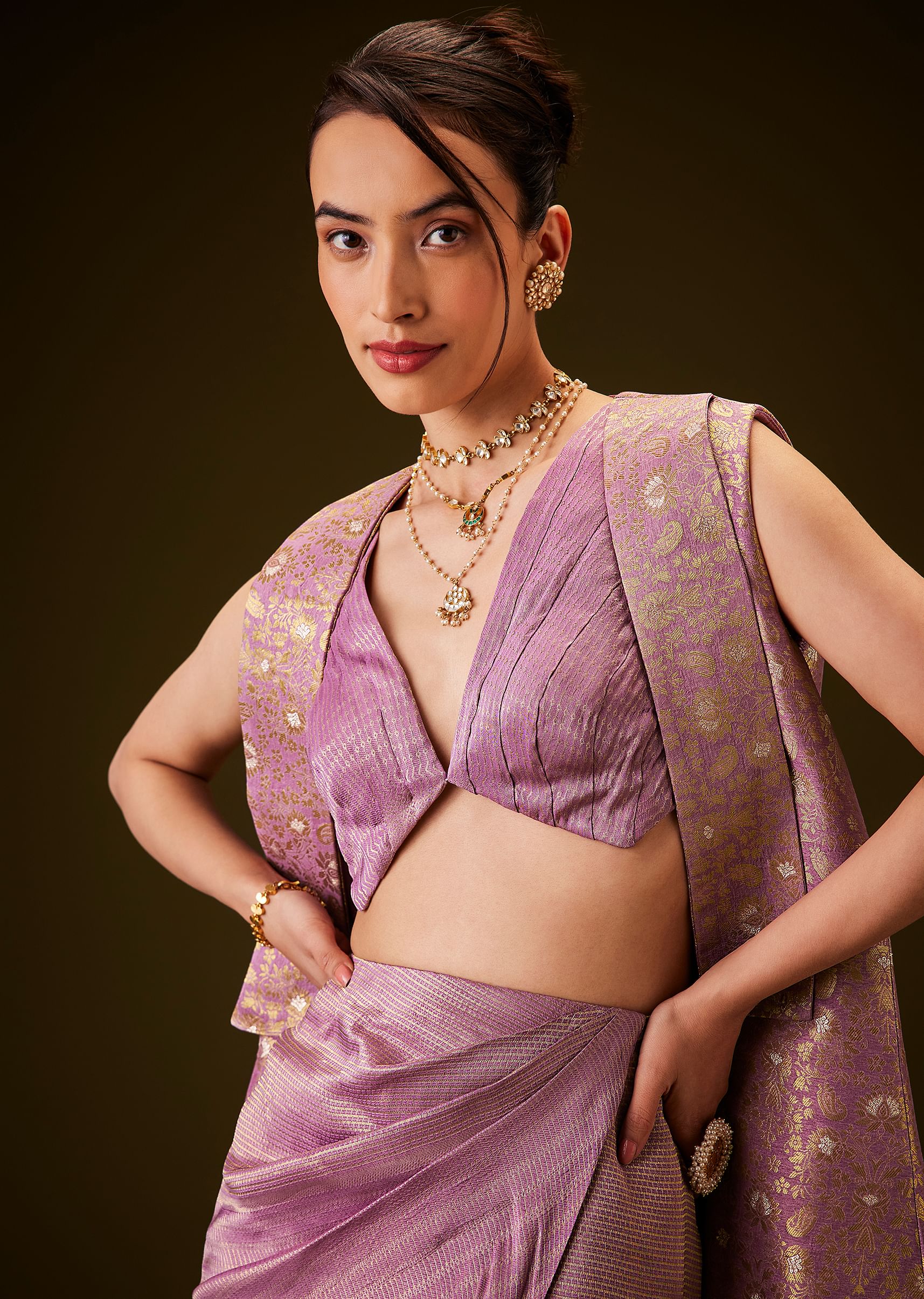 Buy Lilac Brocade Long Jacket With Pre Draped Skirt And Blouse Buy Lilac Brocade Long Jacket With Pre Draped Skirt And Blouse