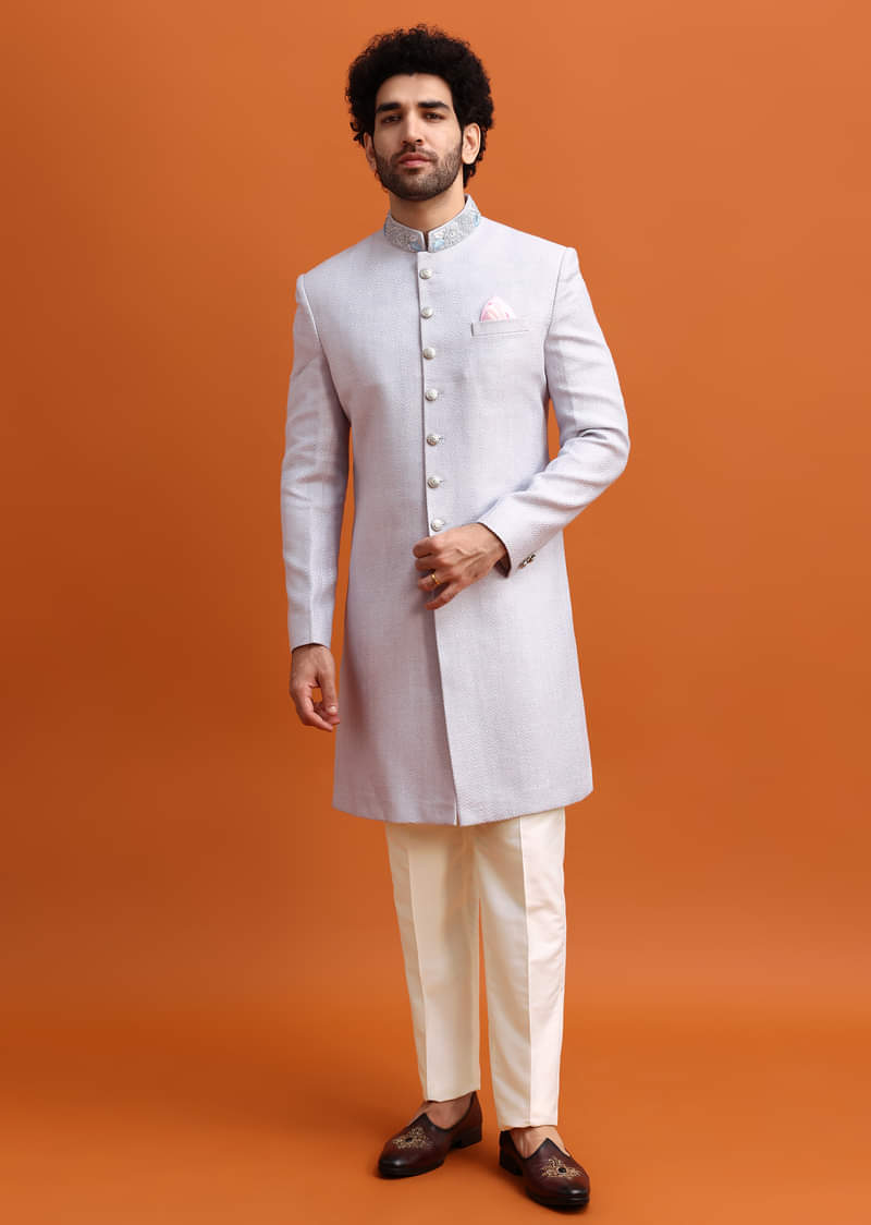 Buy Ash Grey Silk Nawabi With Self Work For Men
