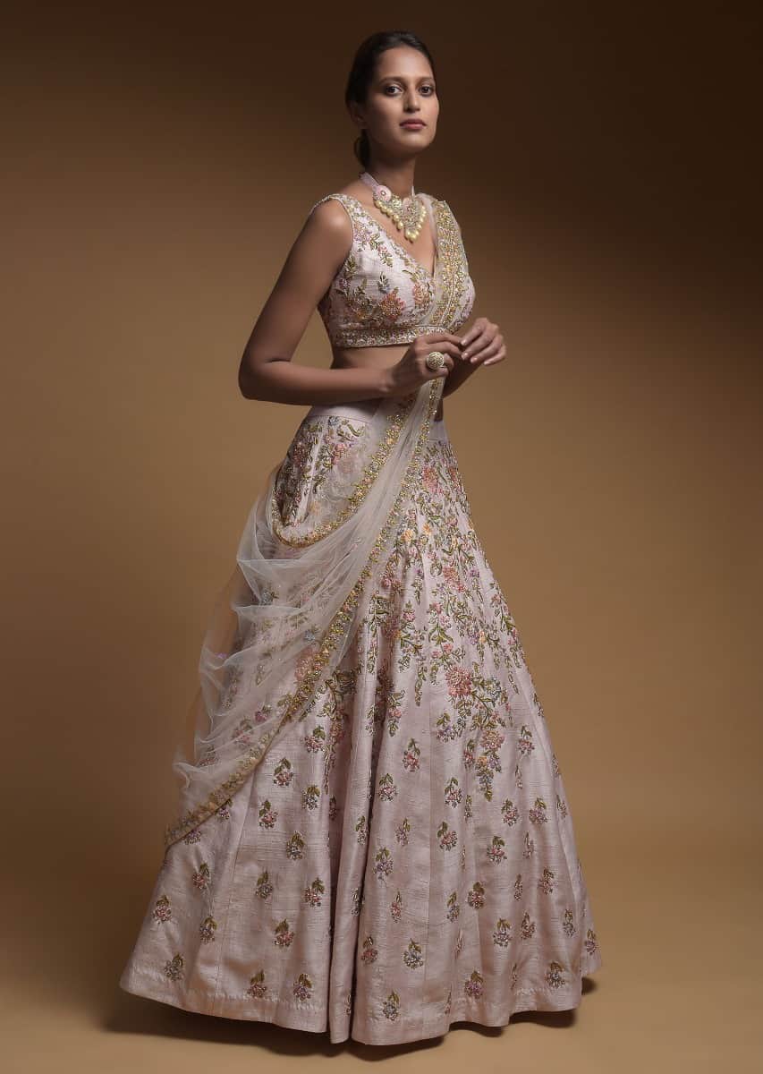 Buy Baby Pink Raw Silk Lehenga Choli with Hand Embroidered. | KALKI ...