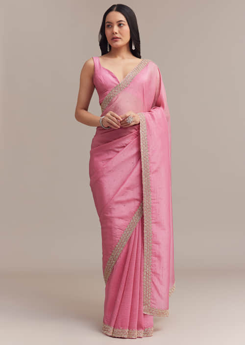 Buy Baby Pink Crushed Tissue Saree With Embellished Border | KALKI ...
