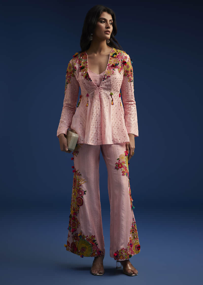 Buy Baby Pink Silk Palazzo Set With Resham Work