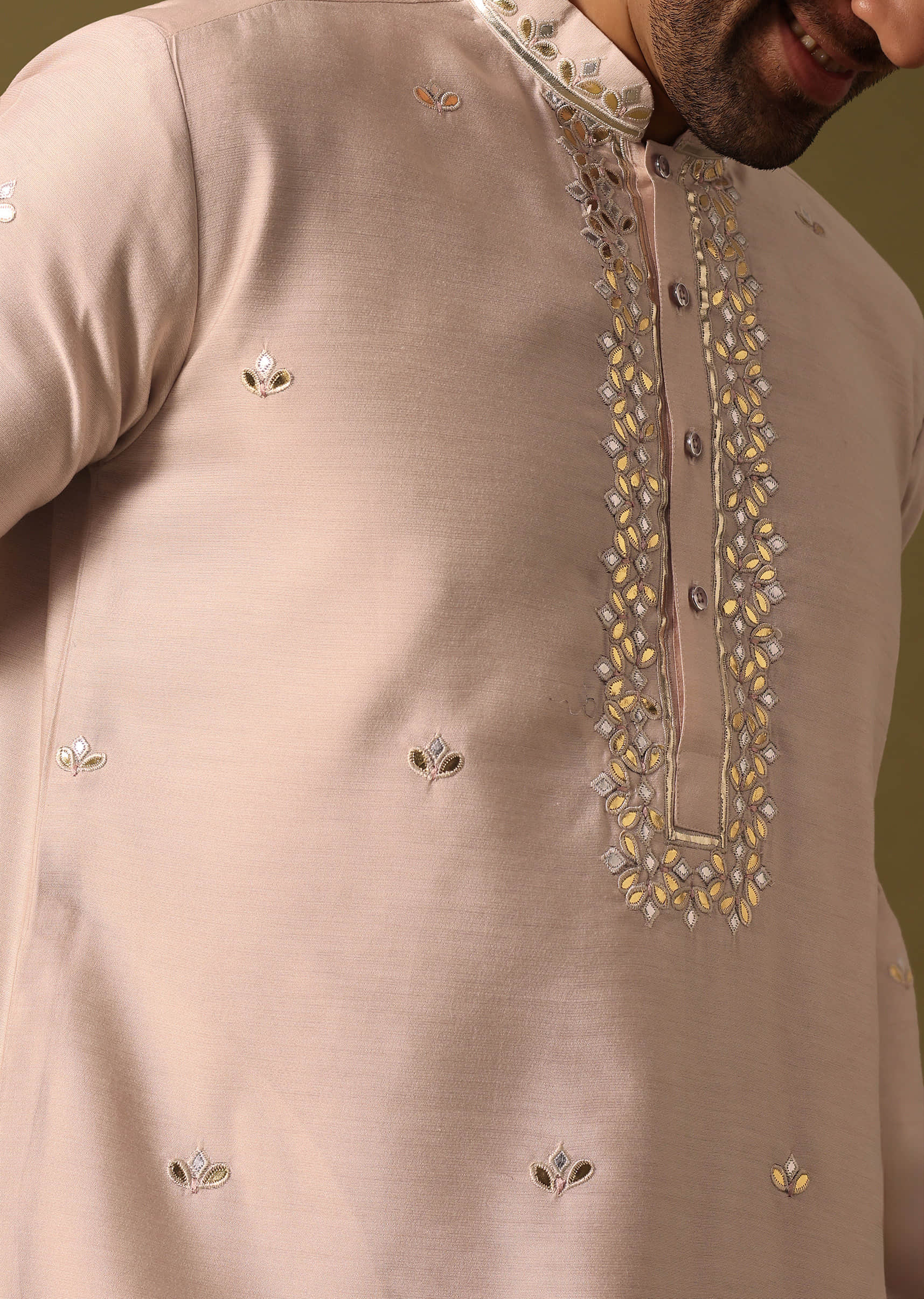 Buy Beige Kurta Pant Set With Abla Work For Men