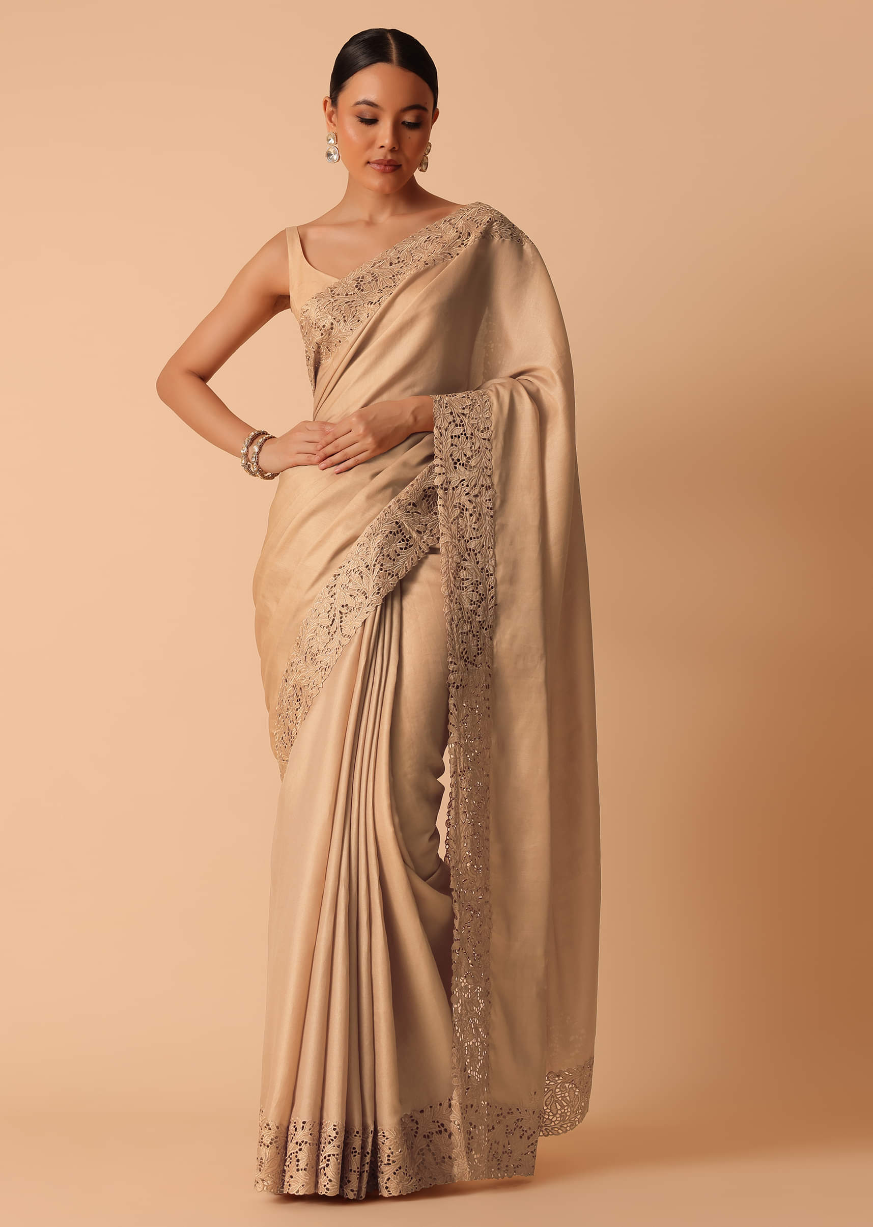 Buy Beige Saree In Organza With Lace Trims And Unstitched Blouse Piece ...