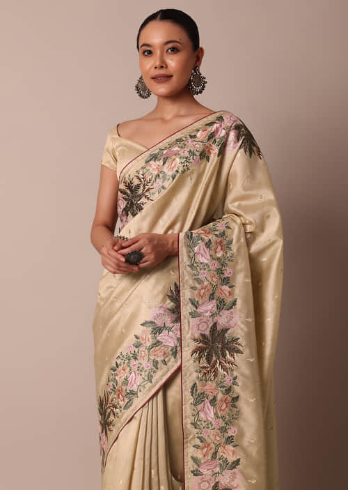 Buy Beige Semi Tussar Silk Resham Thread Embroidered Saree | KALKI ...