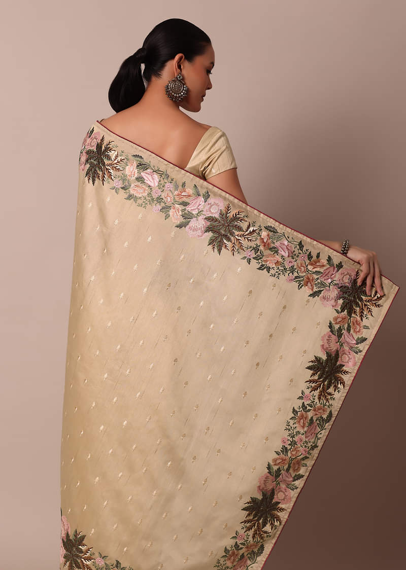 Buy Beige Semi Tussar Silk Resham Thread Embroidered Saree | KALKI ...