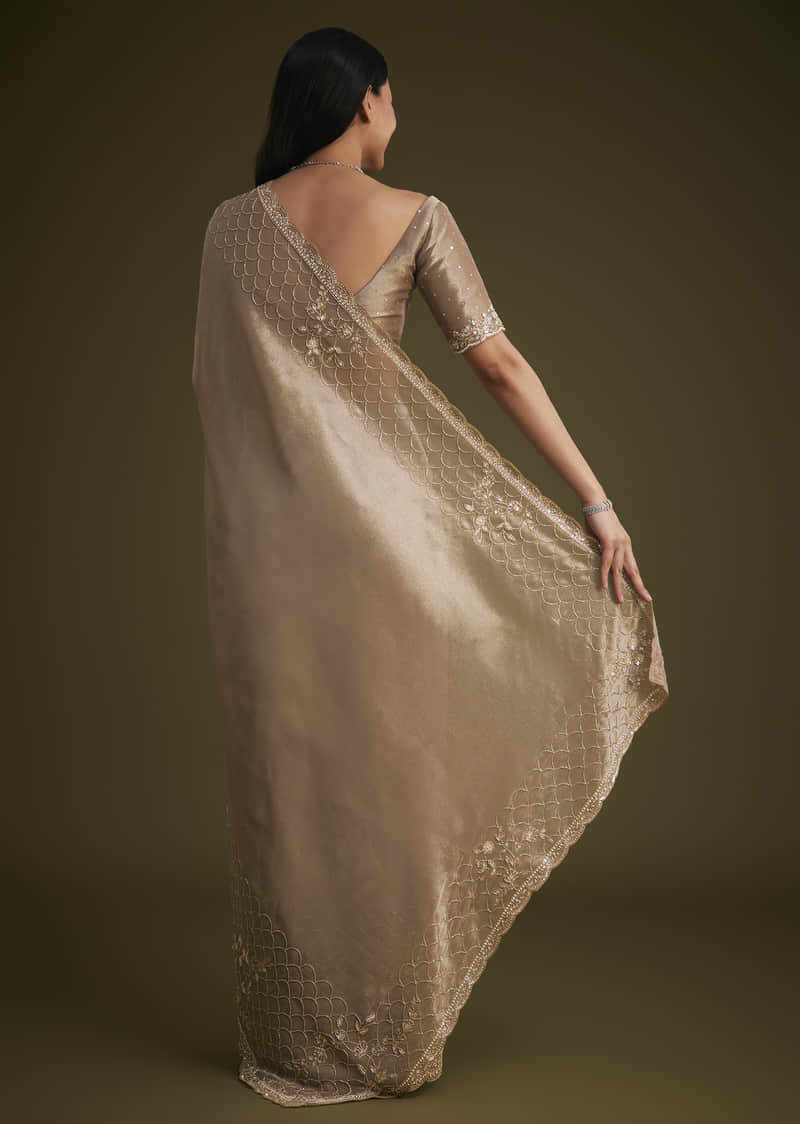 Buy Beige Tissue Saree With Cutdana And Sequins Embroidery