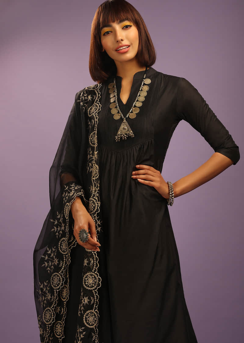 Buy Black A Line Suit In Cotton With Pin Tucks Detailing And A Zari ...