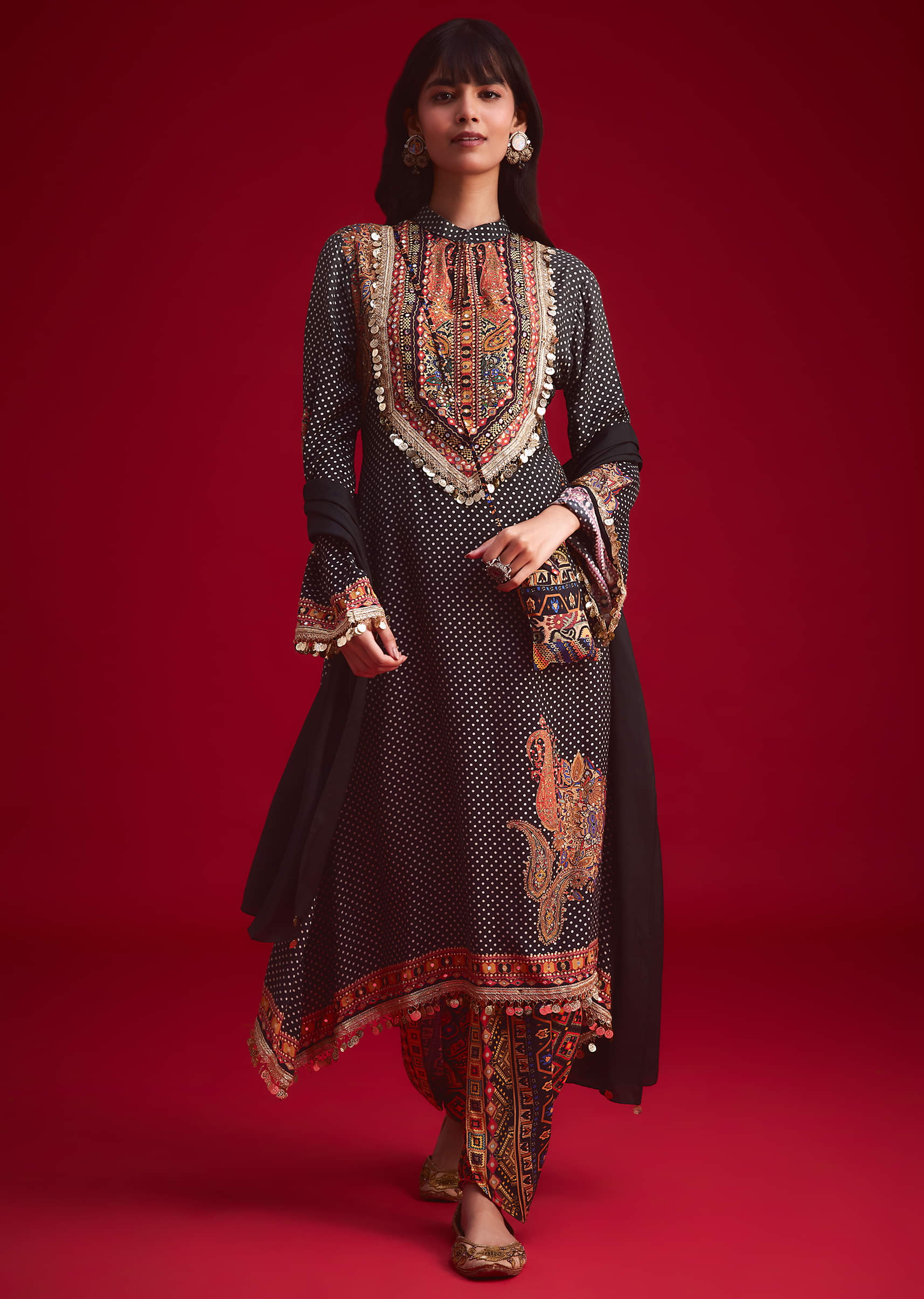 Buy Black Polka Dot Printed Kurta Patiala Set With Pouch Bag