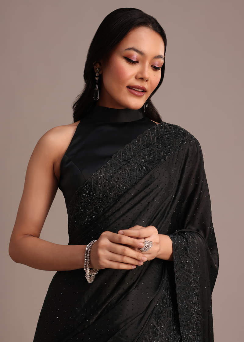 Buy Black Satin Stone And Diamond Embroidered Saree