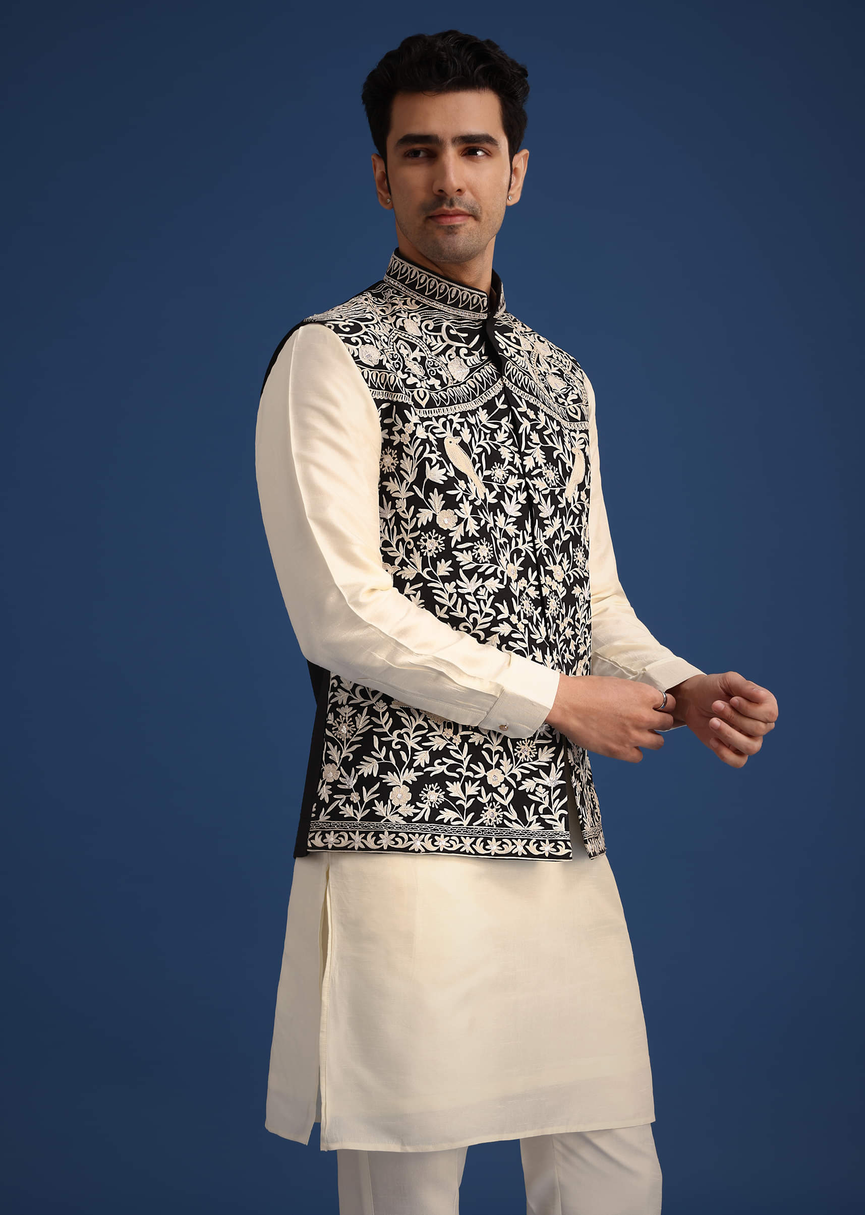 Buy Black Silk Thread Work Jacket And Kurta Set