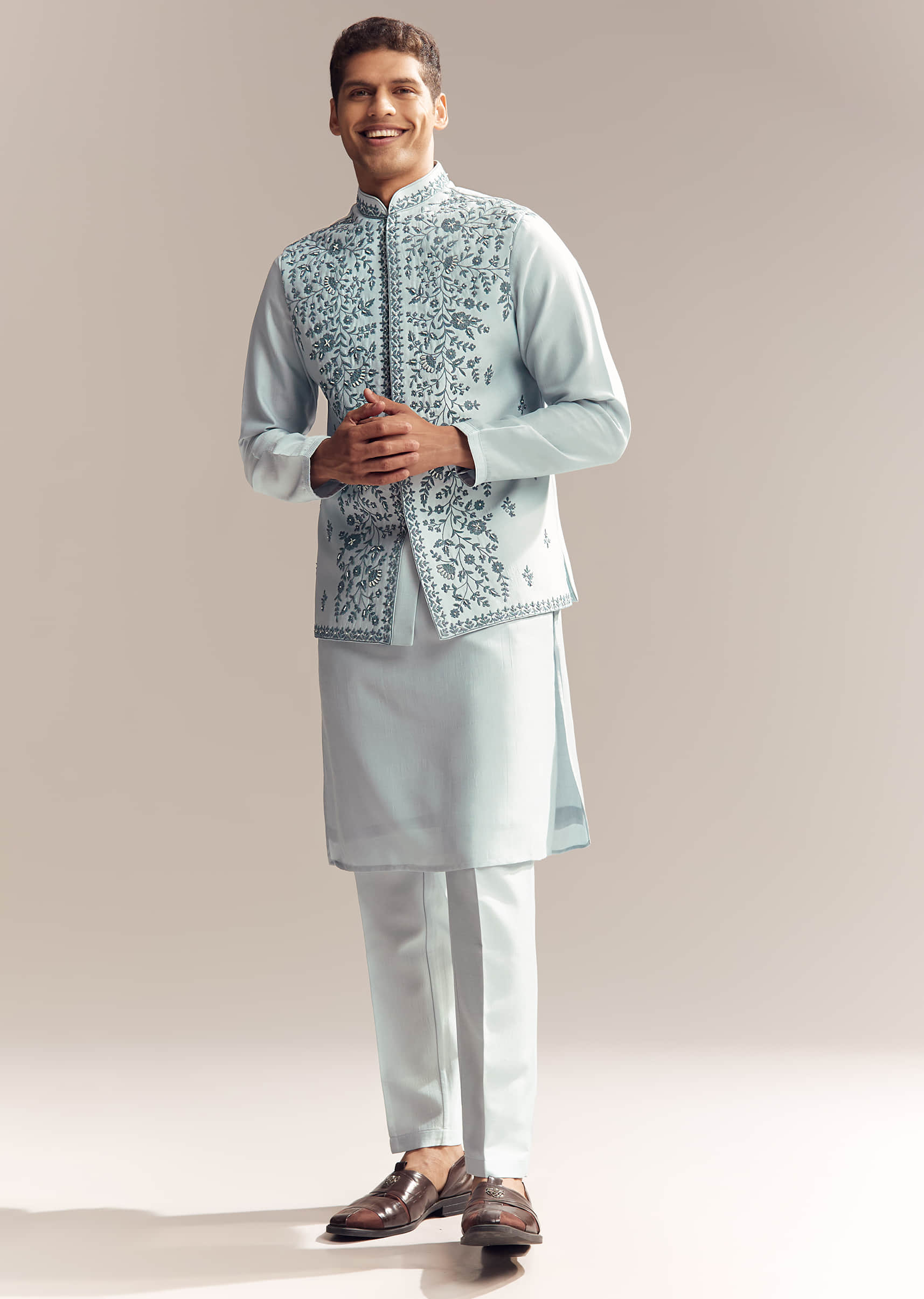Buy Blue Silk Kurta Jacket Set For Men With Moti Embroidery