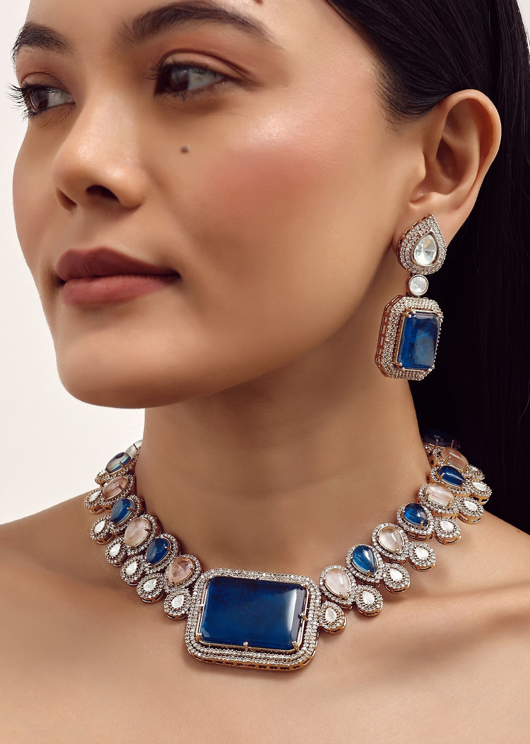 Buy Blue And Pink Necklace Set With Polki Stones In Mix Metal