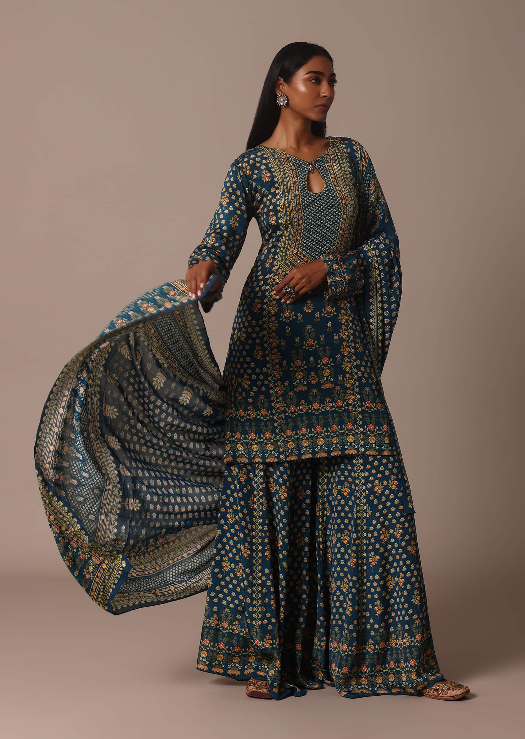 Buy Blue Embroidered Sharara Set With Printed And Stone Work Kurta