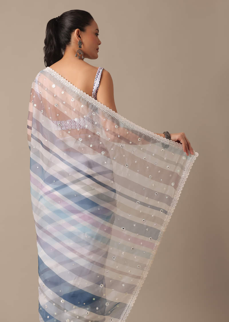 Buy Blue Organza Striped Saree With Mirror Work And Unstitched Blouse ...