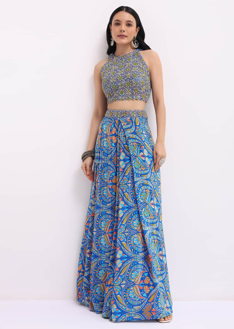 Buy Blue Printed Net Crop Top And Skirt Set | KALKI Fashion India