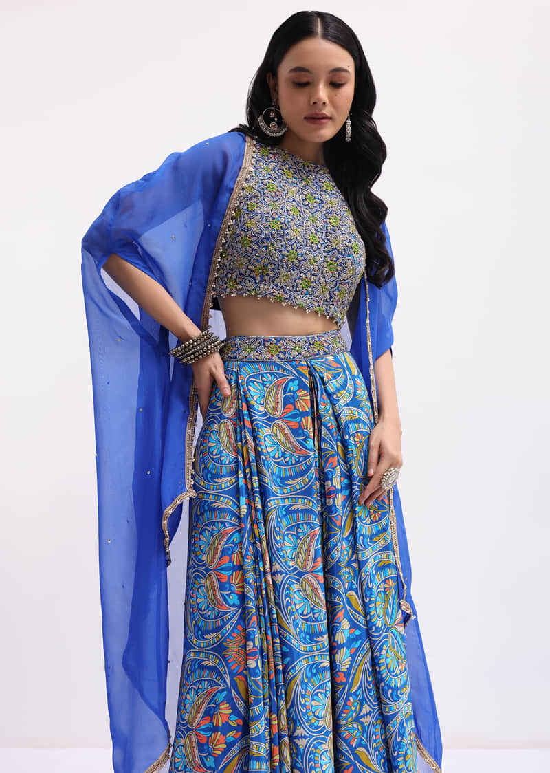 Buy Blue Printed Net Crop Top And Skirt Set | KALKI Fashion India