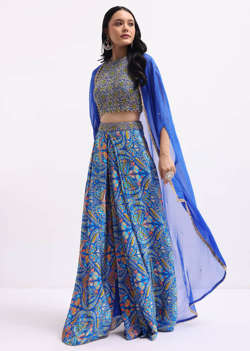 Buy Blue Printed Net Crop Top And Skirt Set | KALKI Fashion India
