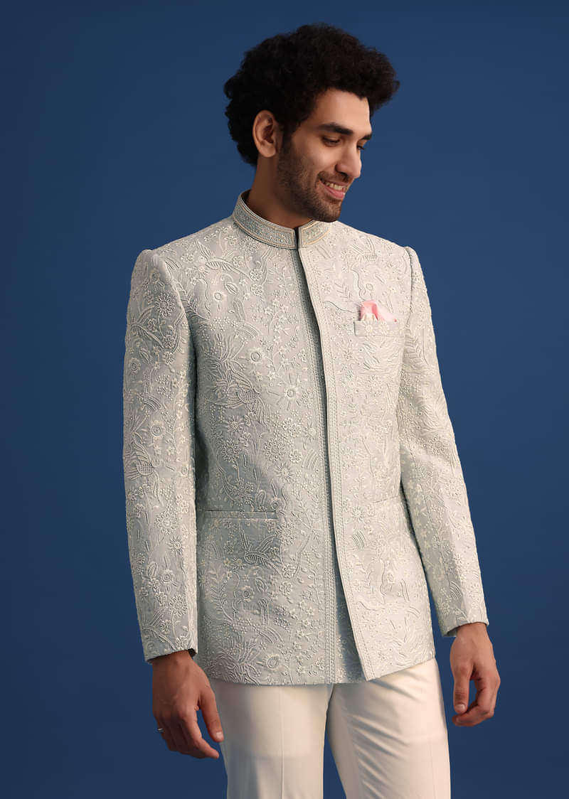 Buy Blue Silk Jodhpuri Pant Set With Hand Work
