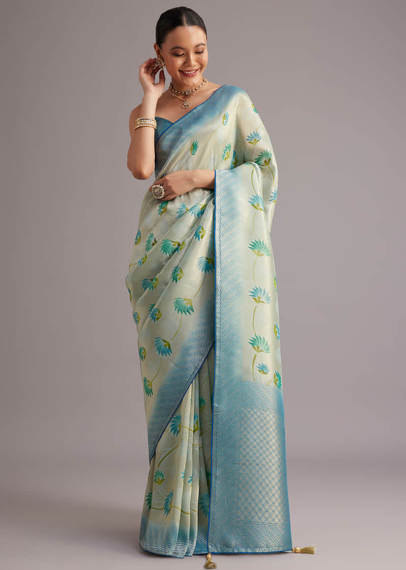 Buy Blue Tissue Silk Saree With Floral Motifs And Contrast Pallu And ...