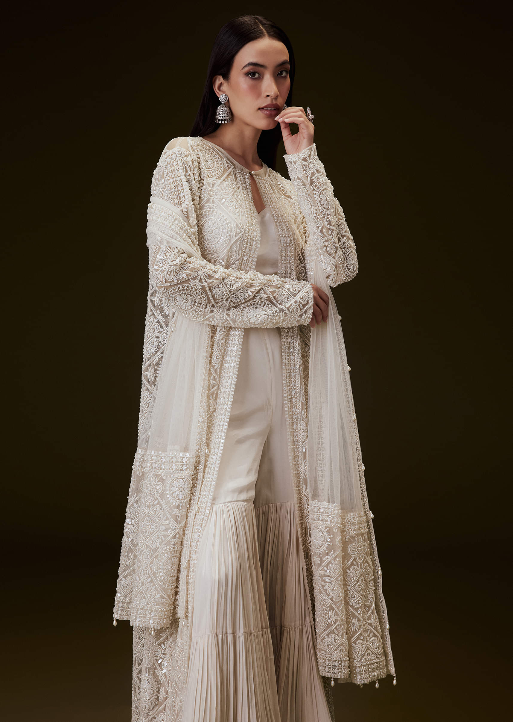 Buy Peach Sharara Set With Sequence Embroidered Long Jacket | KALKI ...