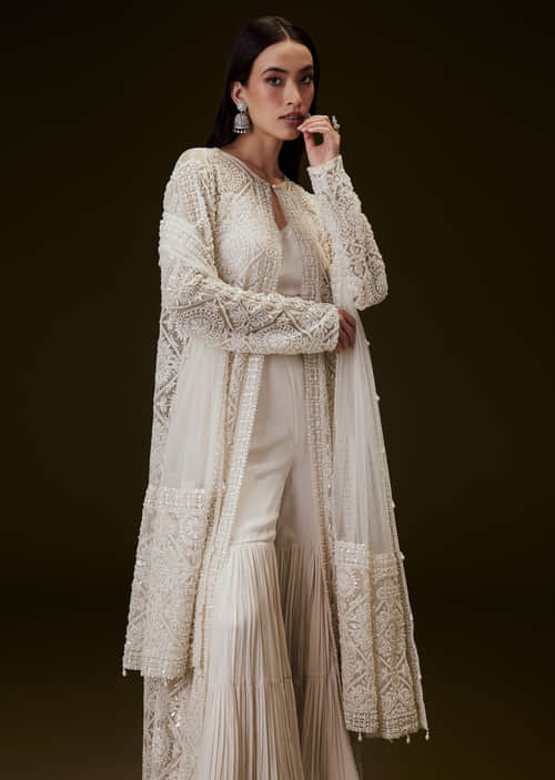 Buy Peach Sharara Set With Sequence Embroidered Long Jacket | KALKI ...