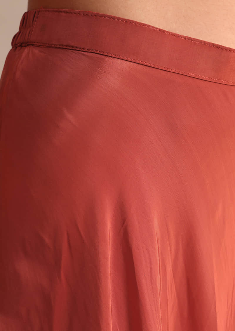 Buy Brick Red Satin Palazzo Suit With Embroidered Cape Jacket