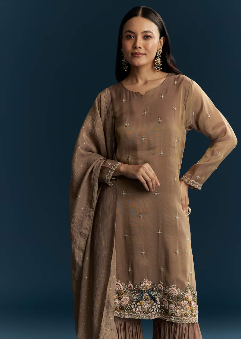 Buy Brown Tissue Sharara Suit With Zardosi And Thread Work