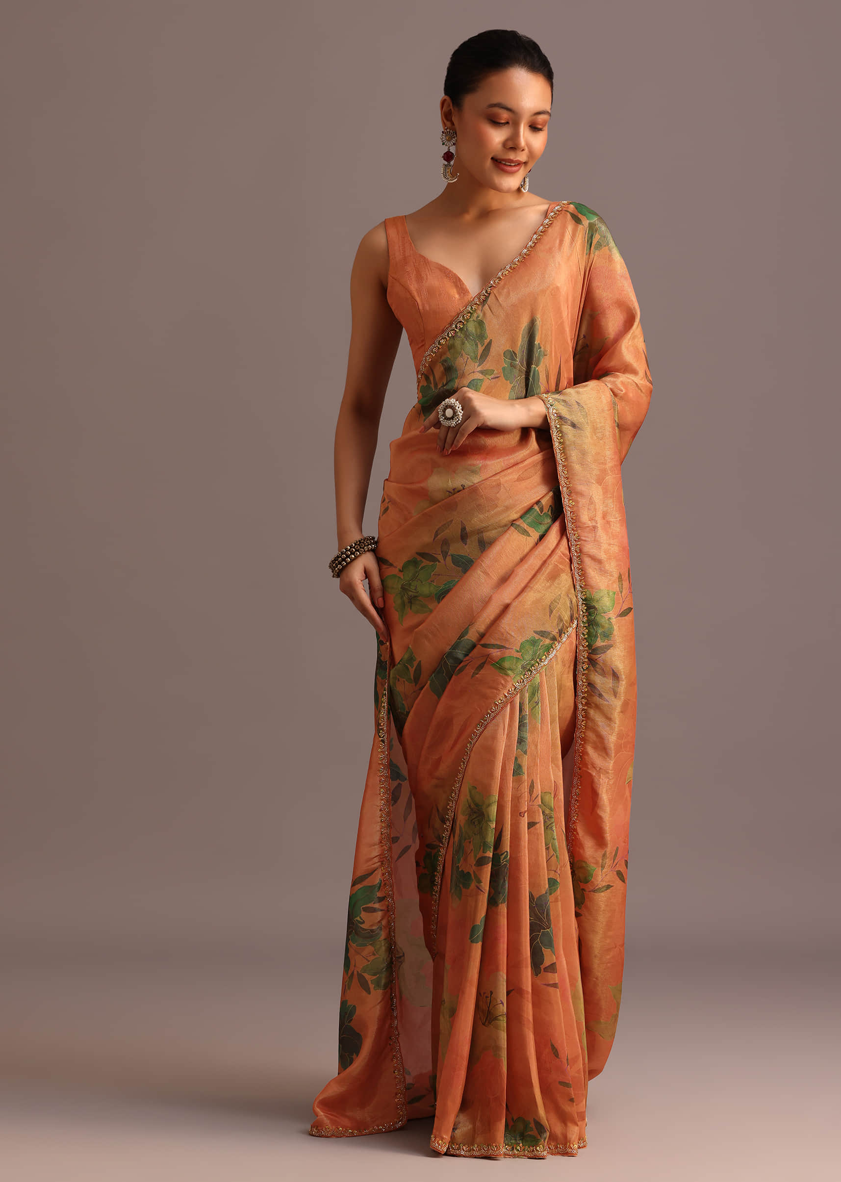 Buy Brown Tissue Silk Printed Saree With Cutdana Embroidered Border And ...