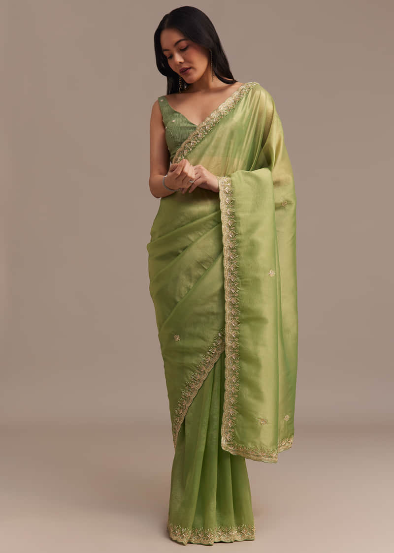 Buy Citrus Green Tissue Organza Saree Embroidered With Cutdana And Beads