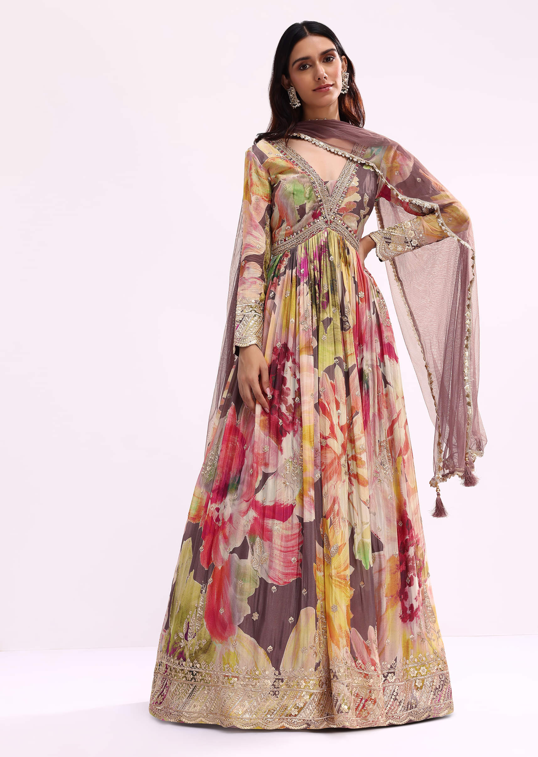 Buy Coffee Brown Embroidered Chiffon Anarkali Set