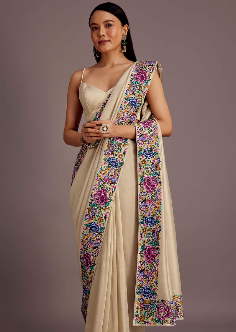 Buy Cream Tussar Saree With Floral Embroidered Border