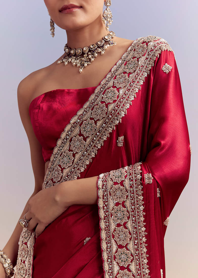 Buy Crimson Red Satin Saree With Floral Border And Butti | KALKI Fashion USA