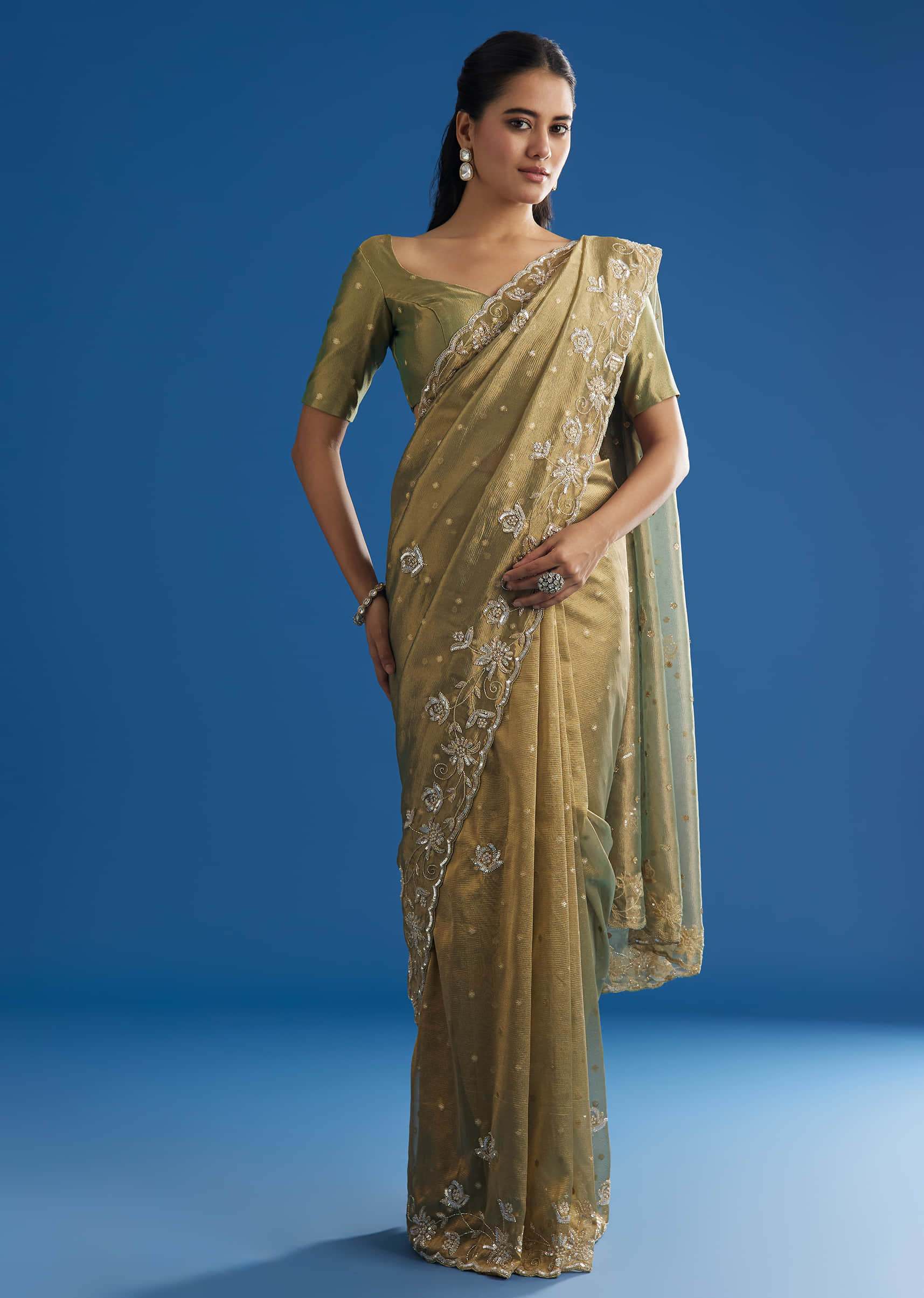 Buy Crushed Tissue Saree With All Over Floral Sequins Embroidery