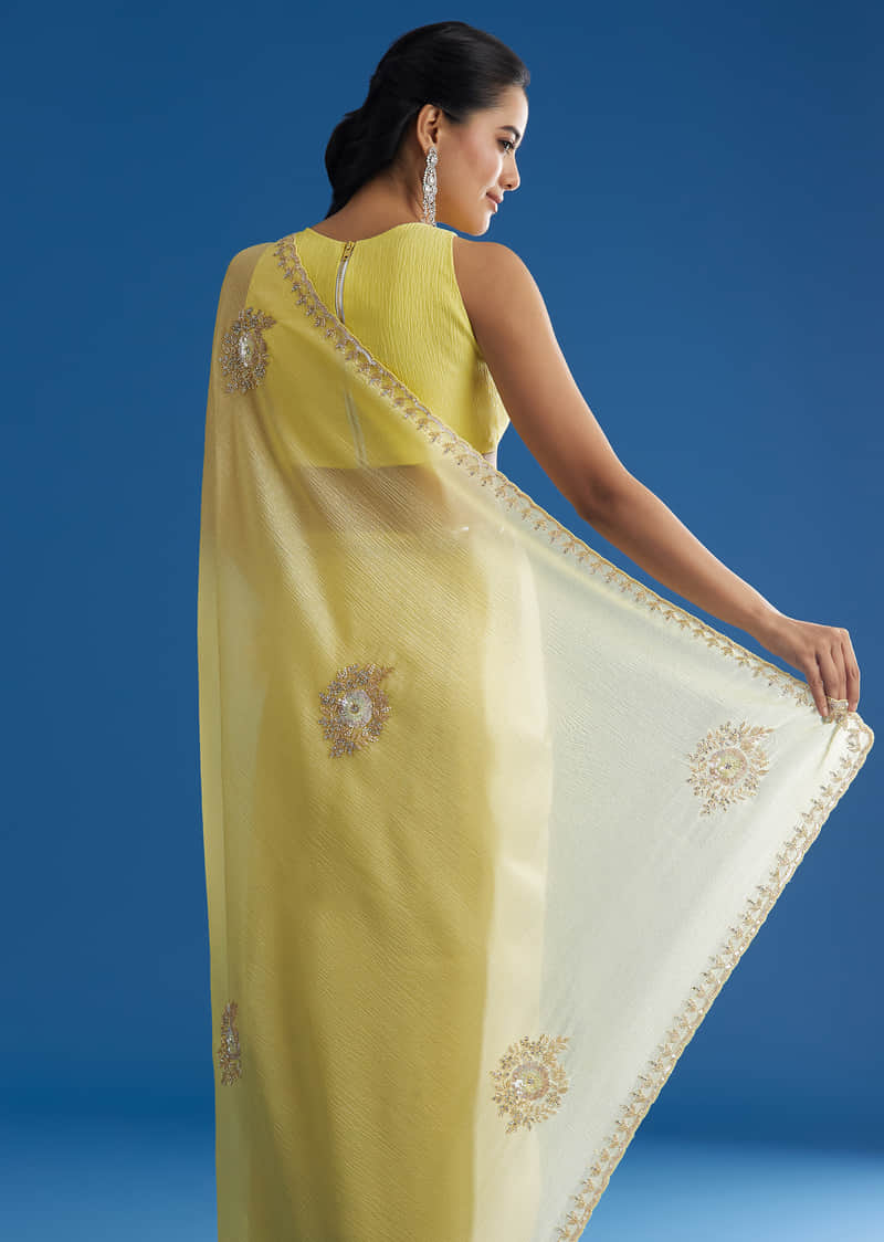 Buy Crushed Tissue Saree With Cutdana And Sequins Embroidered Scallop ...