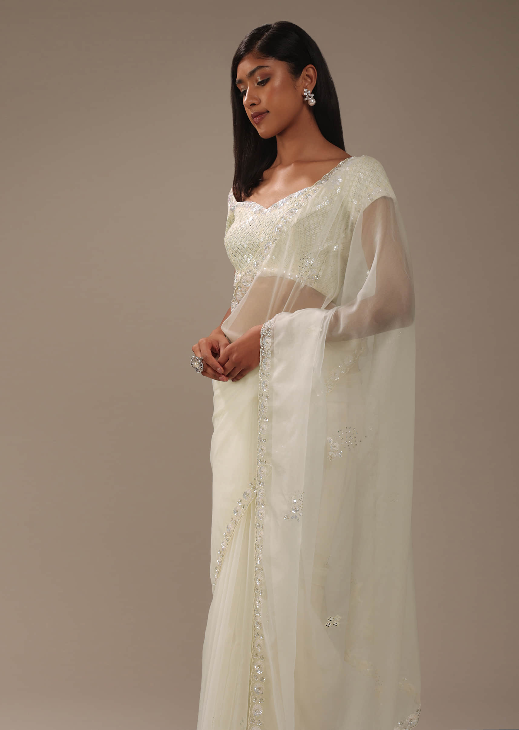 Buy Daisy White Organza Saree With Mirror And Cut Dana Embroiderey ...