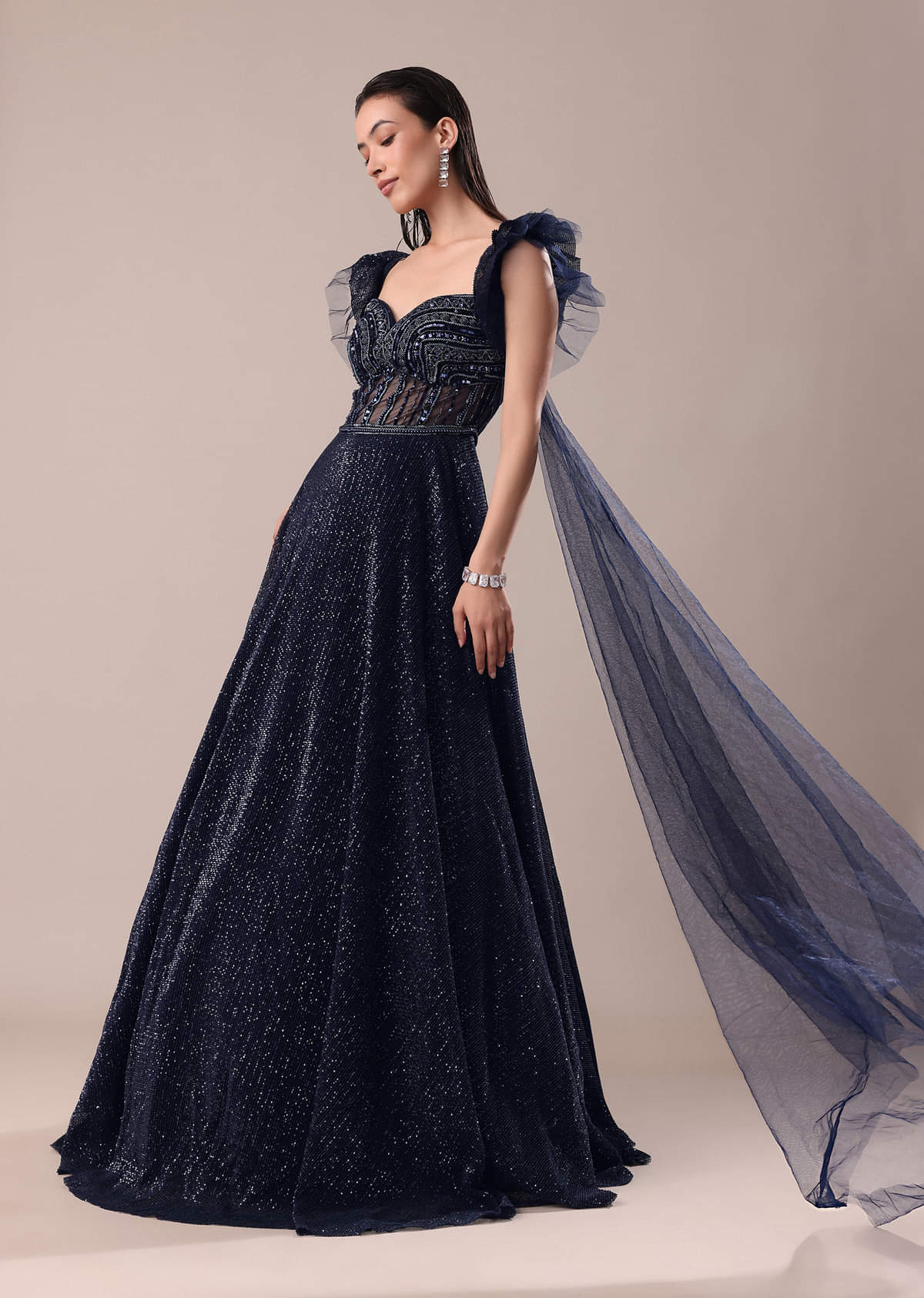 Buy Dark Blue Embroidered Gown With Wings