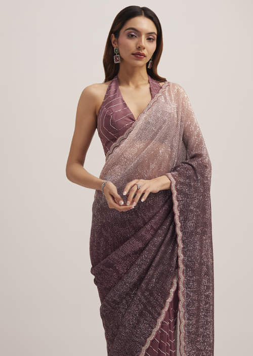 Buy Dark Brown Dual Shaded Sequins Saree With Scalloped Border| KALKI Fashion India