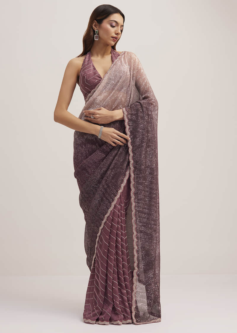 Buy Dark Brown Dual Shaded Sequins Saree With Scalloped Border| KALKI Fashion India