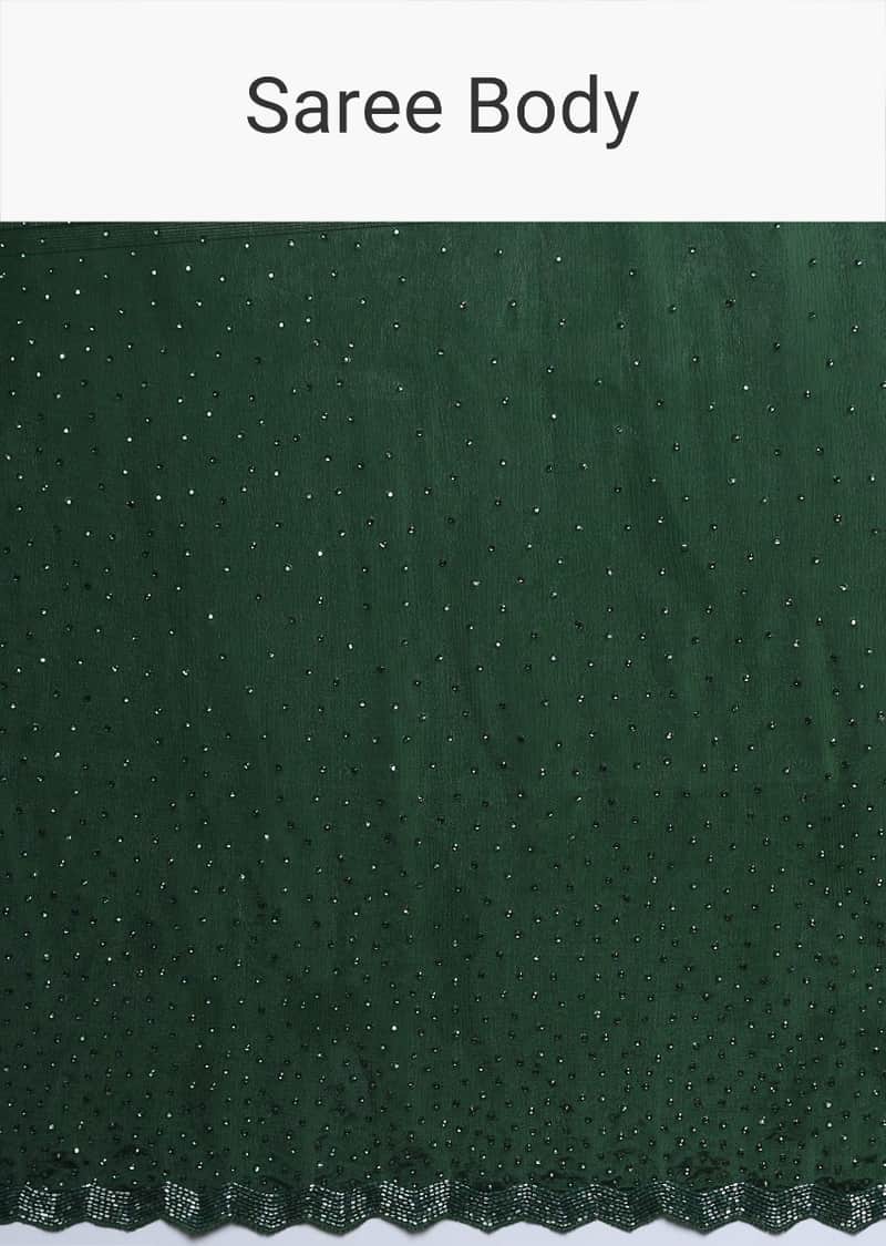 Dark green saree in satin chiffon with kundan and cut dana border only ...