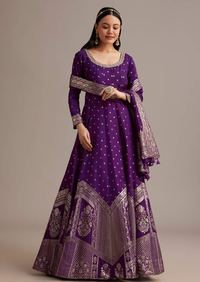Buy Dark Purple Gold Weave Anarkali Set With Banarasi Dupatta