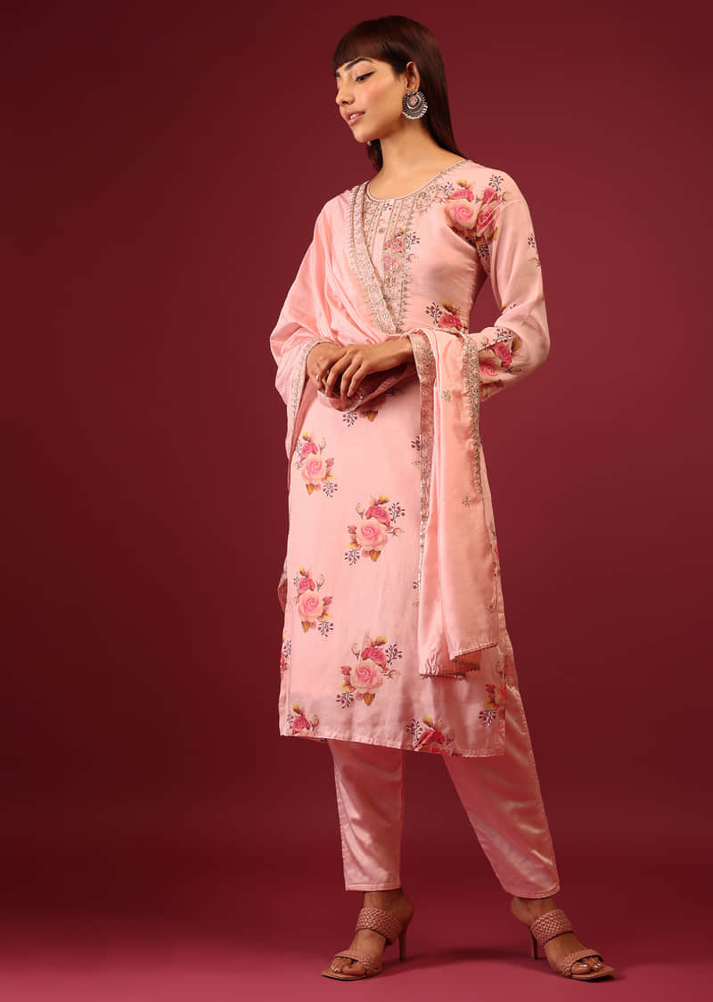 Buy Candy Pink Floral Print Pant Suit In Straight Cut And U Neckline ...