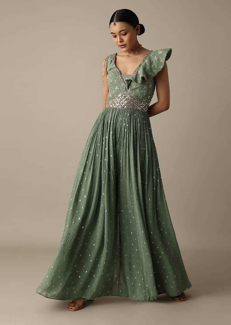 Buy Elegant Gleaming Green Embroidery Jumpsuit | KALKI Fashion Global