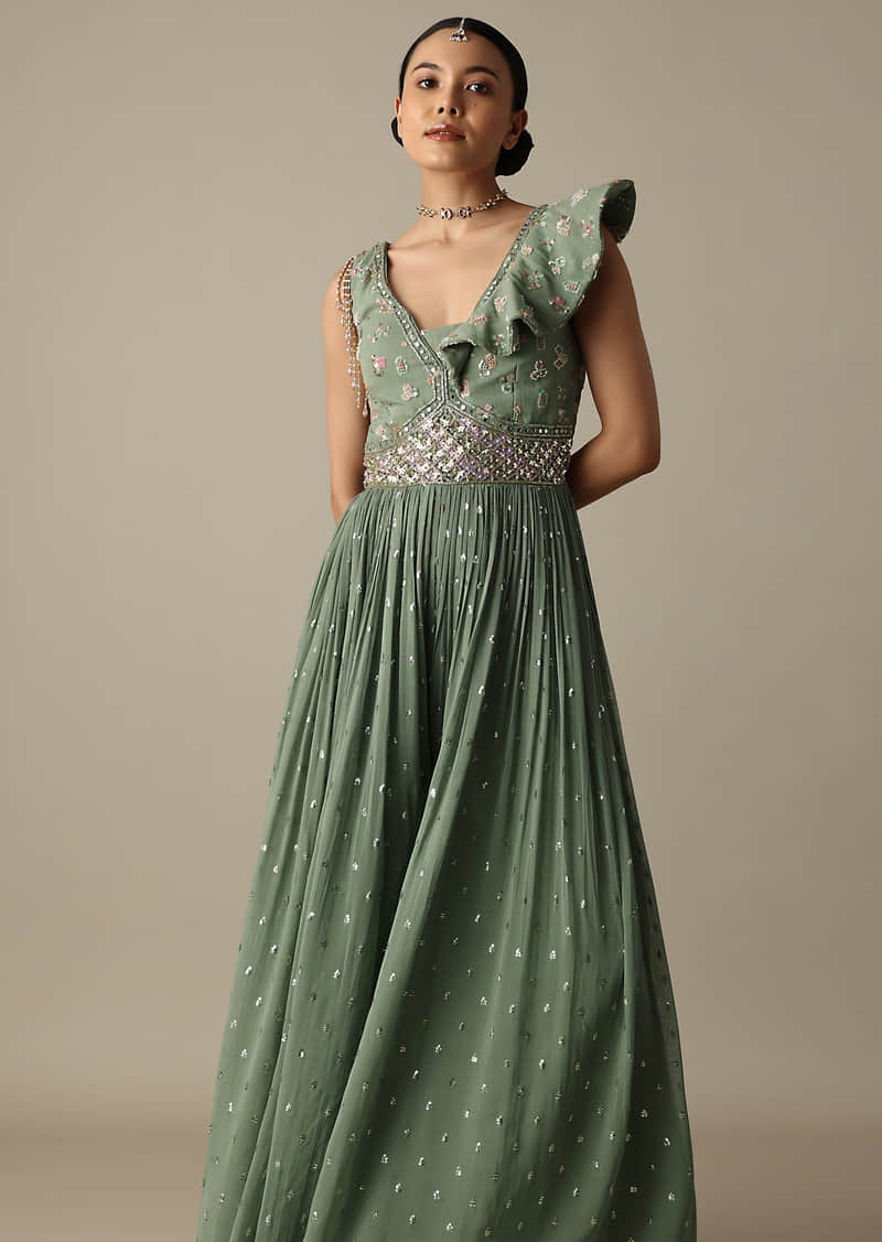 Buy Elegant Gleaming Green Embroidery Jumpsuit | KALKI Fashion Global