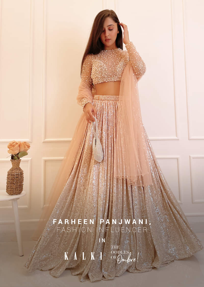 Buy Melon Peach Ombre Lehenga In Sequins Fabric With Moti Embroidered ...