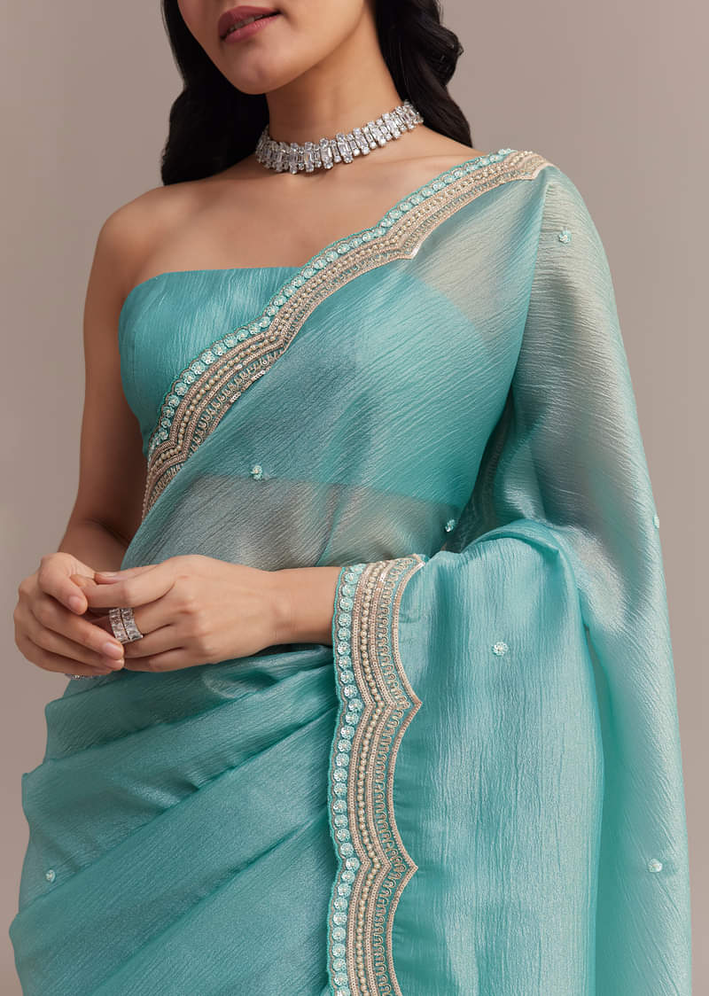 Buy Firozi Blue Crushed Tissue Saree With Sequins Embellished Scallop ...