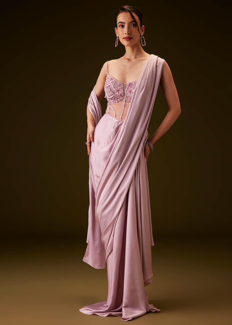 Buy Flamingo Pink Pre Draped Indo Western Saree