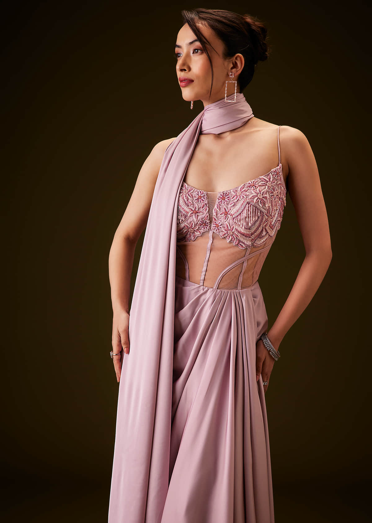 Buy Flamingo Pink Pre Draped Indo Western Saree