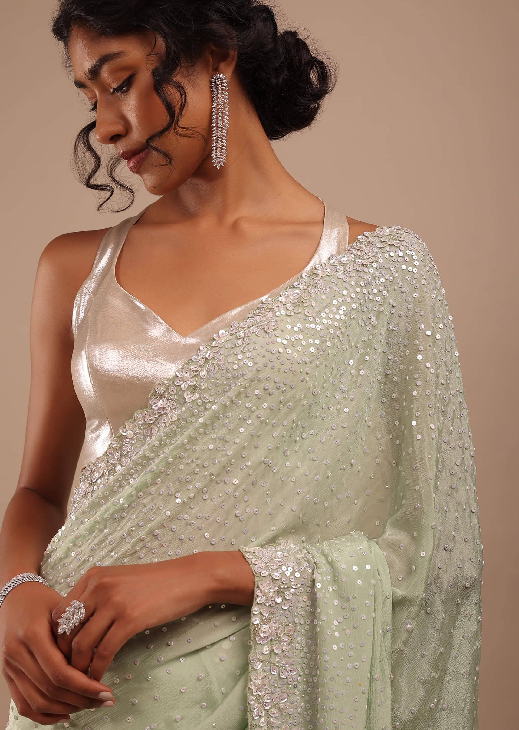 Buy Foam Green Georgette Saree In 3D Silver Petal And Floral Buy Foam Green Georgette Saree In 3D Silver Petal And Floral