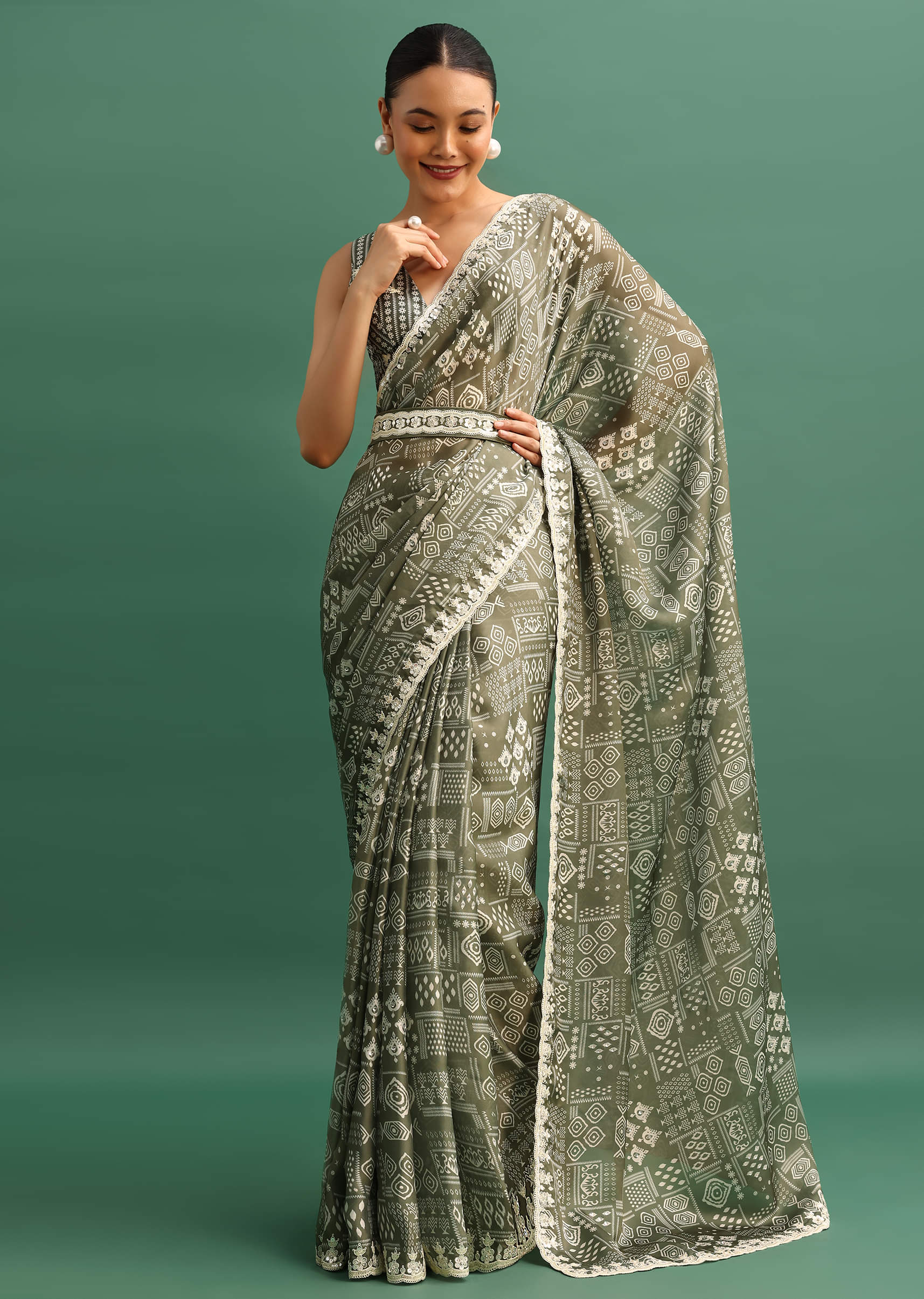 Buy Forest Green Printed Satin Saree With Sequins Embroidered Border ...